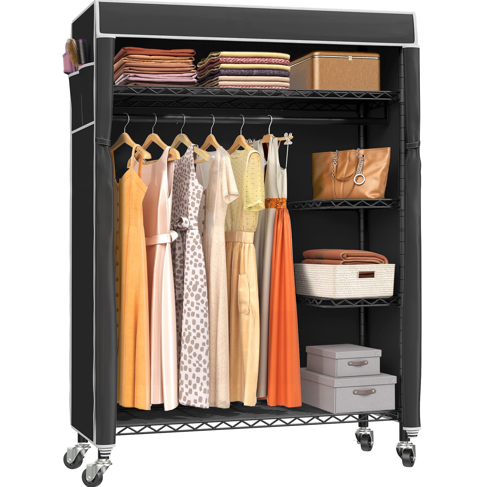 VIPEK V11C Portable Closet Rolling Clothes Rack 5 Tiers Heavy Duty Adjustable Wire Garment Rack with Lockable Wheels Wardrobe Black Metal Clothing Rack with Black Oxford Fabric Cover, Max Load 452LBS