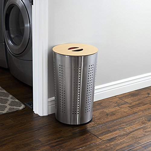Household Essentials 7081-1 Round Metal Laundry Hamper - Removable Liner Bag and Wood Lid - Stainless Steel