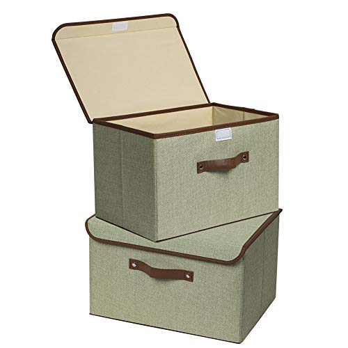 UUJOLY Large Storage Bins Linen Fabric Foldable Basket Cubes Organizer Storage Box Drawer with Lid and Handles for Home, Office, Closet, Bedroom, Nursery((Green-2pcs))