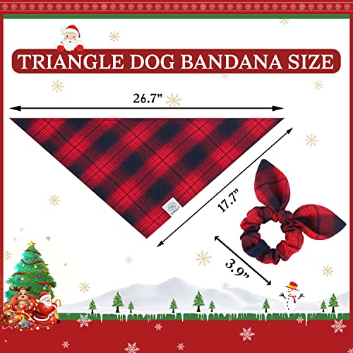Christmas Dog Bandanas & Matching Scrunchie Set Plaid Dog Bandana Scarf Bibs with Bow Hair Ties for Pet Owner & Medium Large Dogs Red