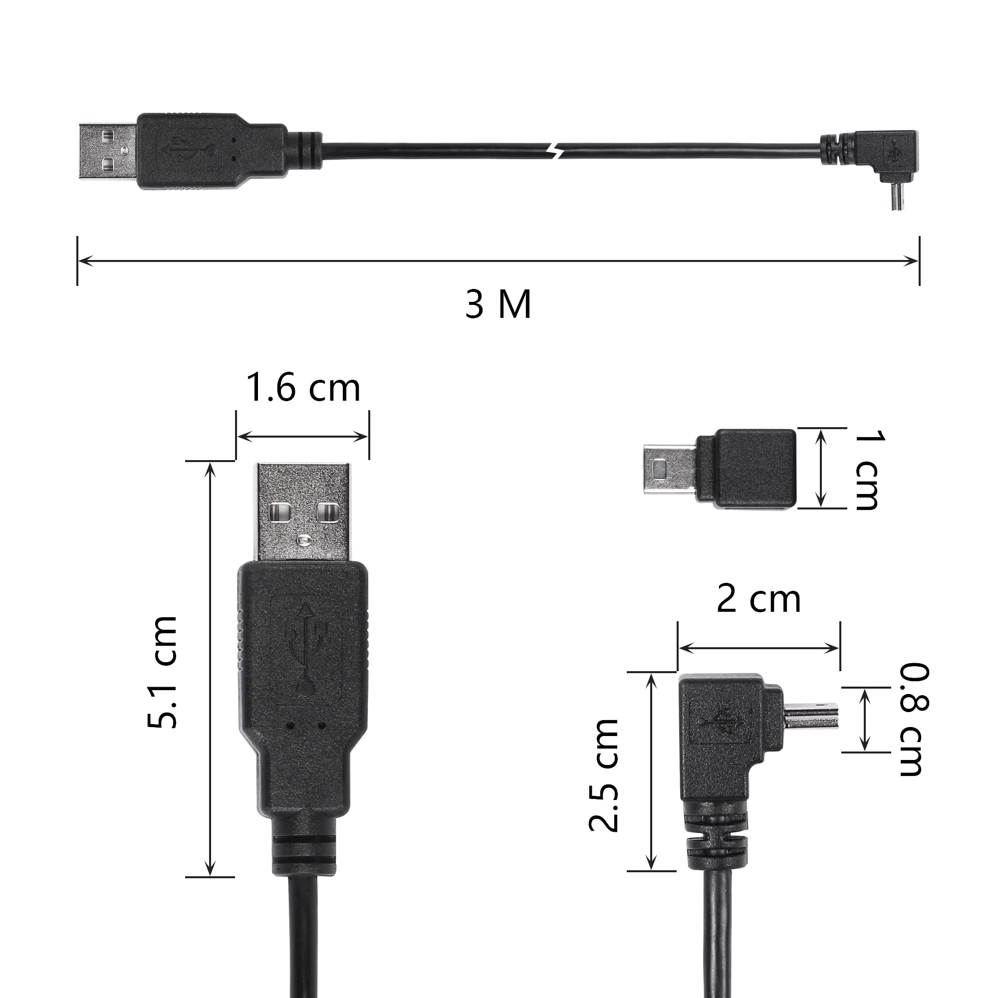 CERRXIAN 9.8FT 90 Degree Mini USB Cable, Angle Mini USB B Male to USB A 2.0 Male Data Sync and Charging Cable for Garmin Nuvi GPS,Canon,Dash Cam (3m, Black Down Angle)
