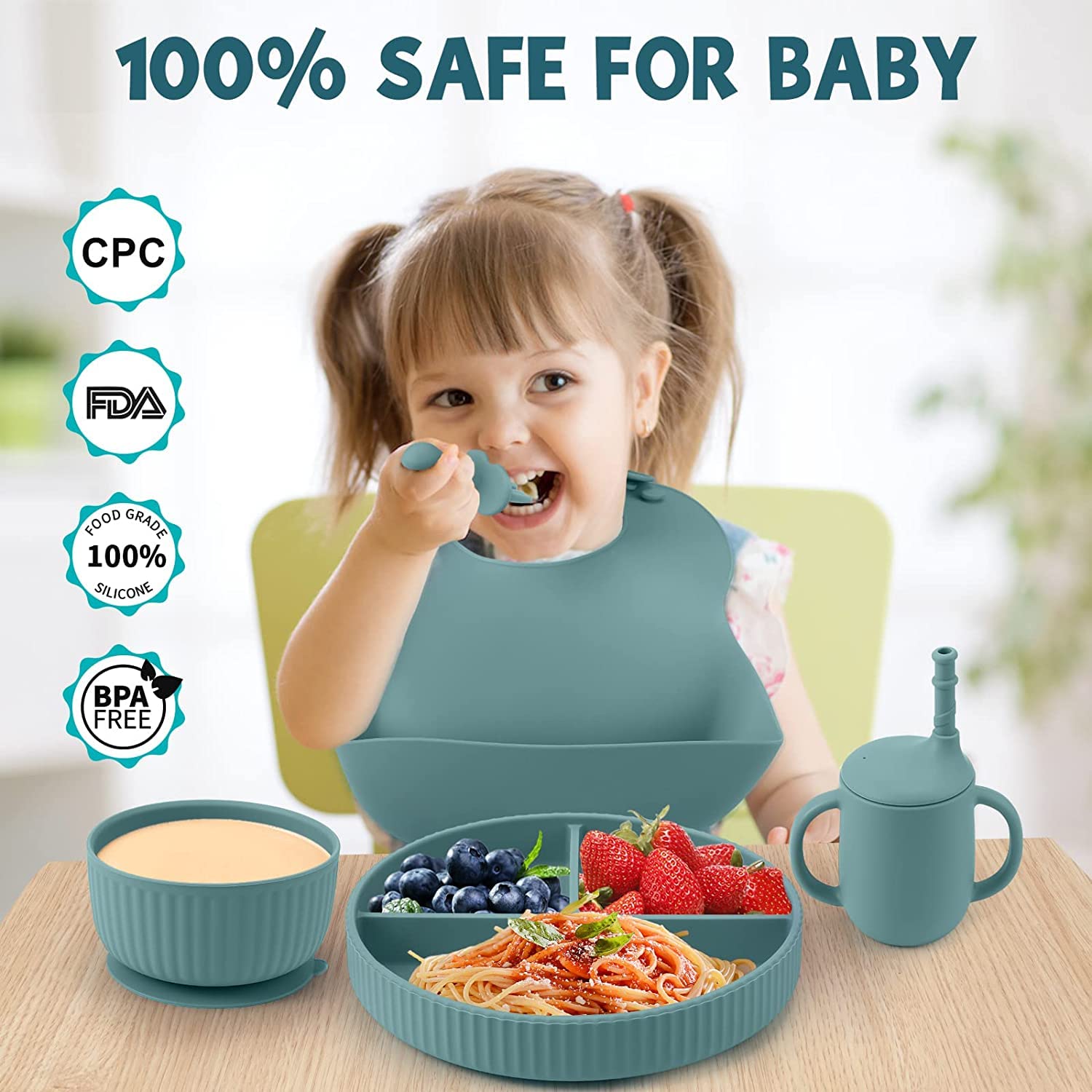 Silicone Baby Feeding Set, 2 Adjustable Bibs with Food Collectors, 1 Suction Cup Divider, 1 Suction Cup, 1 Sippy Cup,1 Stage 1 Spoon and 1 Fork, Baby Led Weaning Utensils,Toddler Self Feeding Set