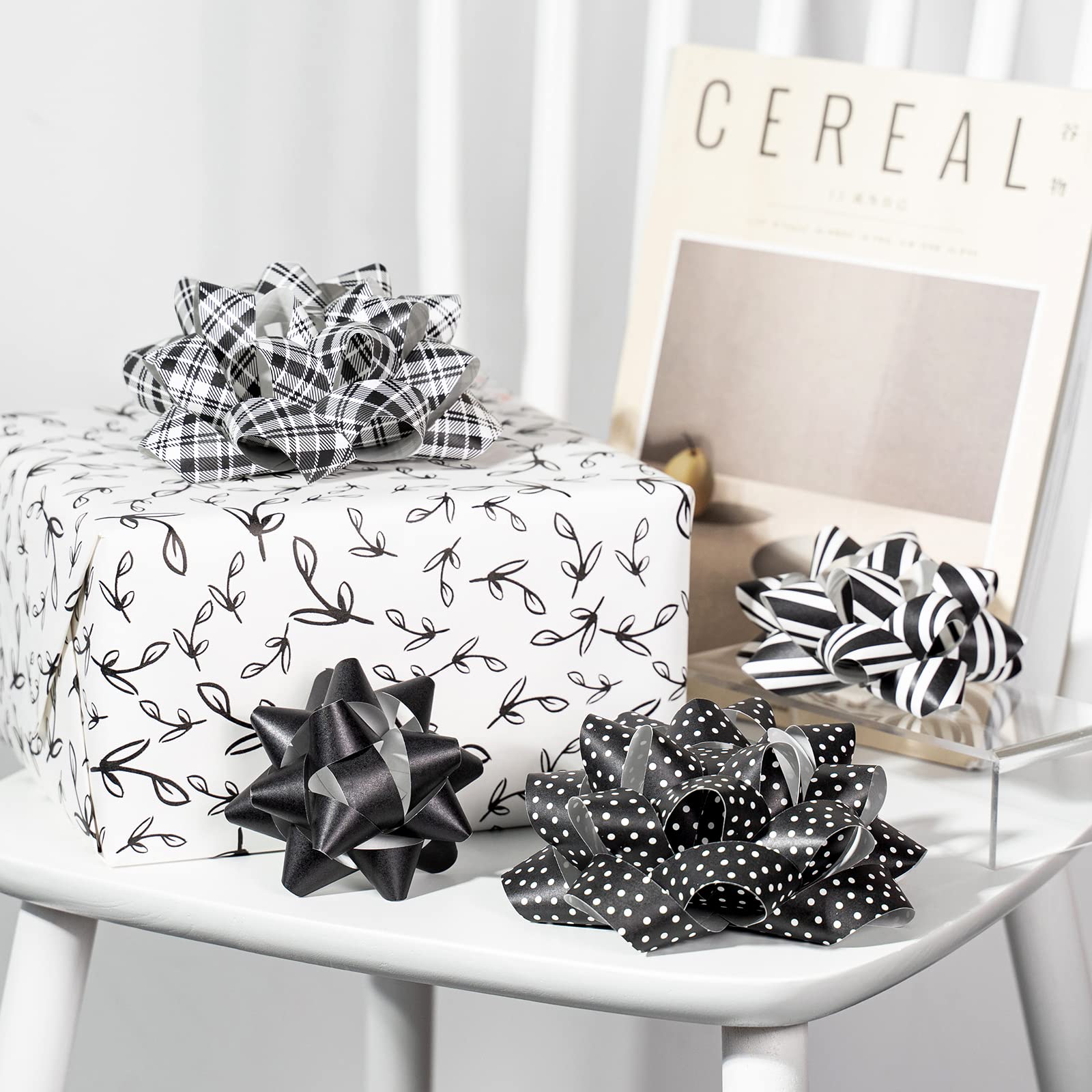 RUSPEPA Paper Christmas Gift Bow Assortment - Black and White Design for Christmas, Holiday, Birthday, Wedding, Baby Shower - Total 14 Bows, 3 Size