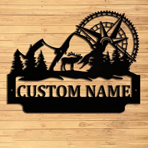 Gotstorms Custom Mountains Deer Compass Metal Wall Art, Personalized Mountains Deer Name Sign Decoration for Room, Deer Home Decor, Custom Deer