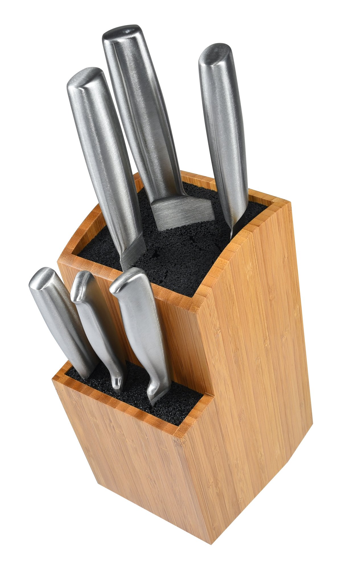 Bamboo Universal Knife Block - Extra Large Two-tiered Slotless Wooden Knife Stand, Organizer & Holder - Convenient Safe Storage for Large & Small Knives & Utensils - Easy to Clean Removable Bristles