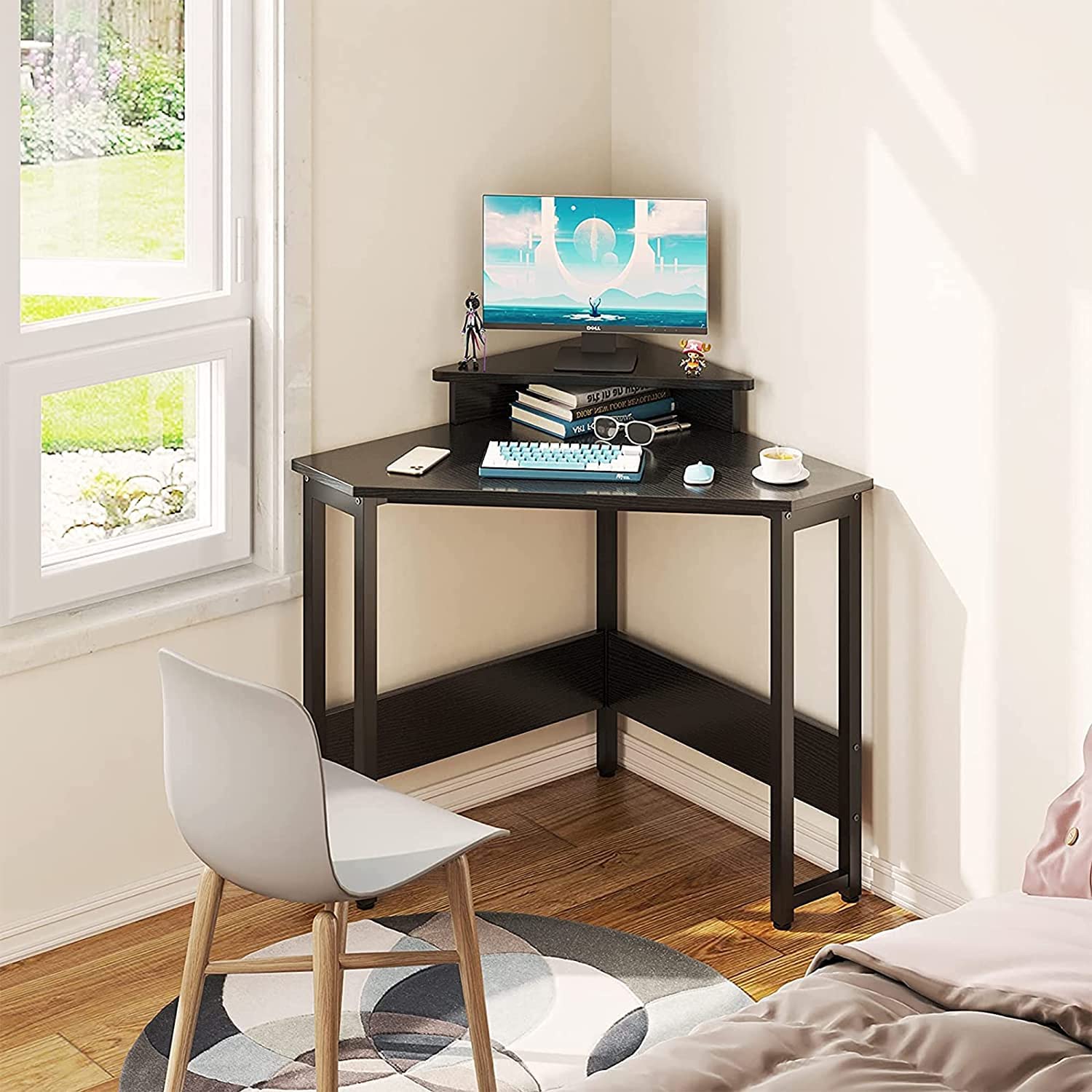 EVETEE Corner Desk, Small Space Saving Desk, Solid Steel Frame, Small Space Display Bracket, Durable Wooden Desktop, Easy to Assemble, Suitable for use as Dresser, Desk, and Office Desk (Black)