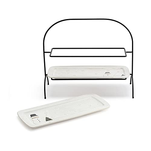 DEMDACO Snow Day Classic White and Black Stoneware and Iron 2-Tier Christmas Serving Tray