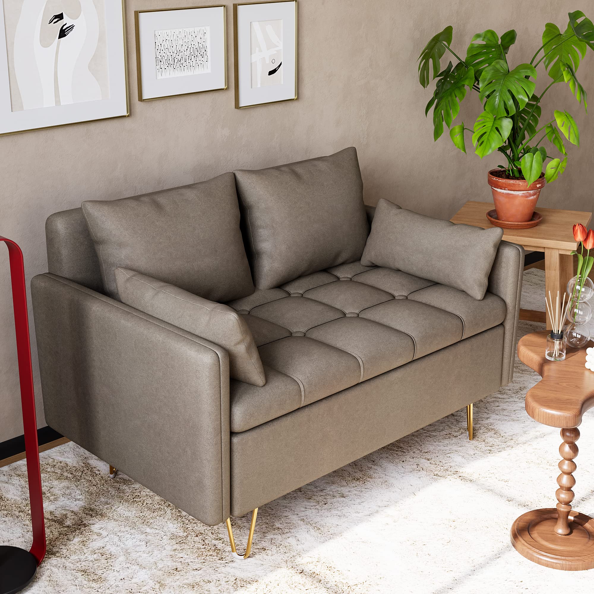 Assile Faux Leather Love Seats Couch, Modern Design with Button Tufted and Gold Metal Leg, Lift-Up Storage Box, Thickened Cushion Sofa in Dark Brown