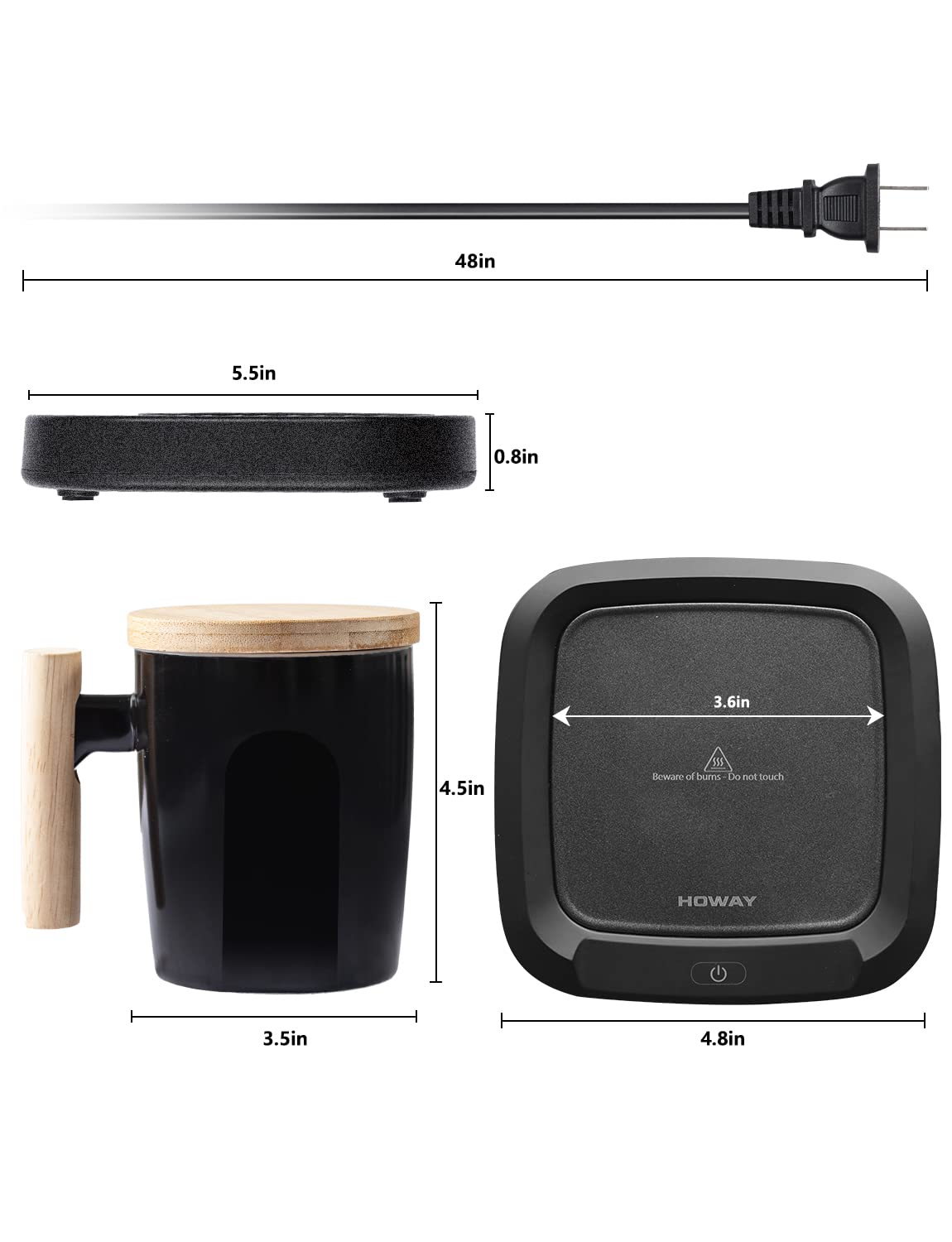 HOWAY Coffee Warmer & Mug Set, Coffee Mug Warmer for Desk Auto Shut Off Warmer Plate with Flat Bottom Ceramic Cup Warm Water, Tea, Cocoa and Milk (Mug Included)