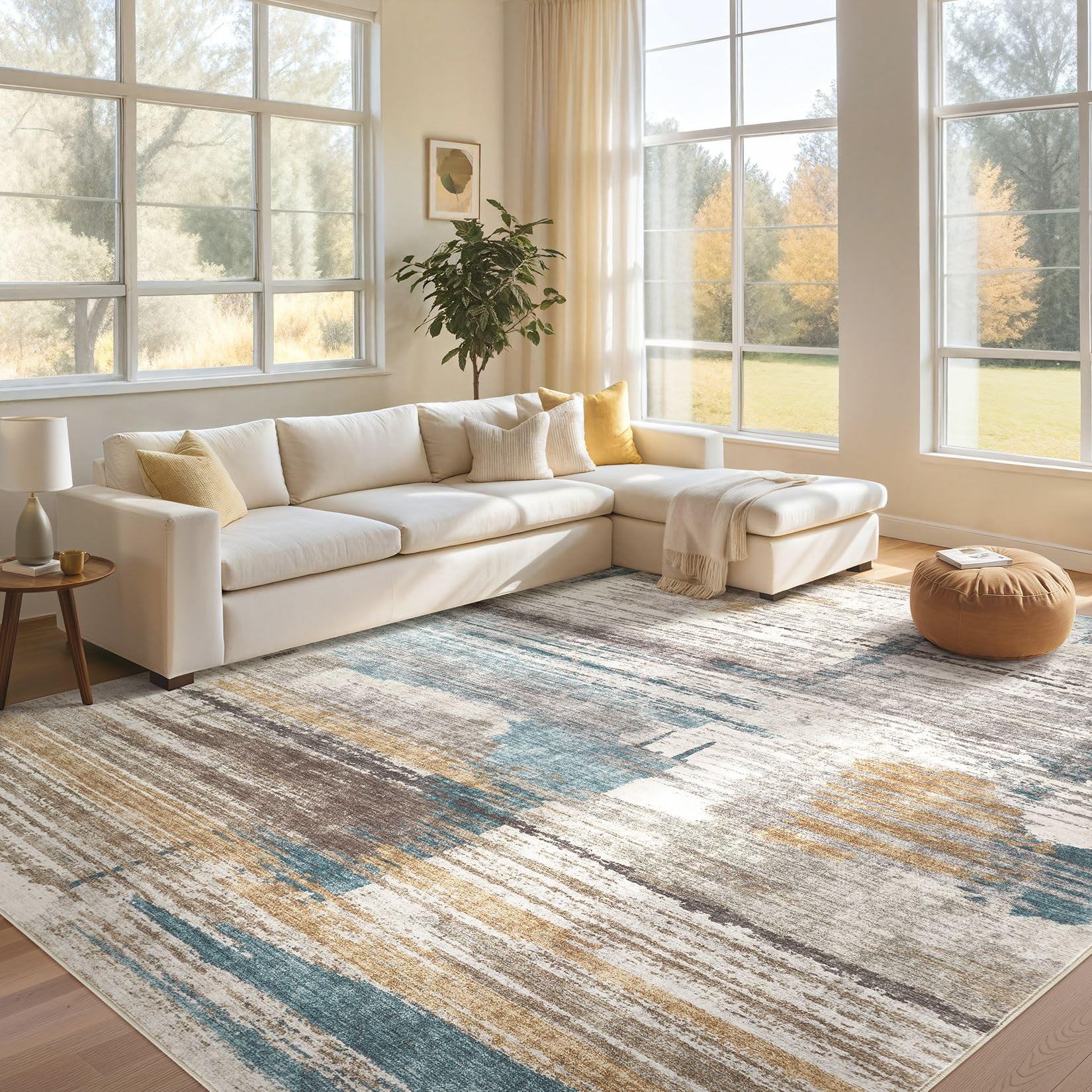 8x10 Rugs for Living Room: Large Modern Washable Super Soft Abstract Area Rug Neutral Contemporary Low Pile Carpet for Bedroom Dining Room Nursery Home Office Decor - Blue/Grey/Gold