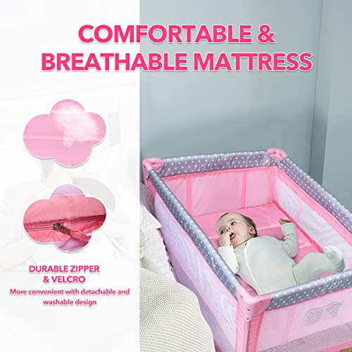 HONEY JOY Pack and Play with Bassinet, 3 in 1 Portable Baby Playard with Infant Full-Size Bassinet & Changing Table, Diaper Stacker, Foldable Play Yard Nursery Center w/Toy Bar, Oxford Bag (Pink)