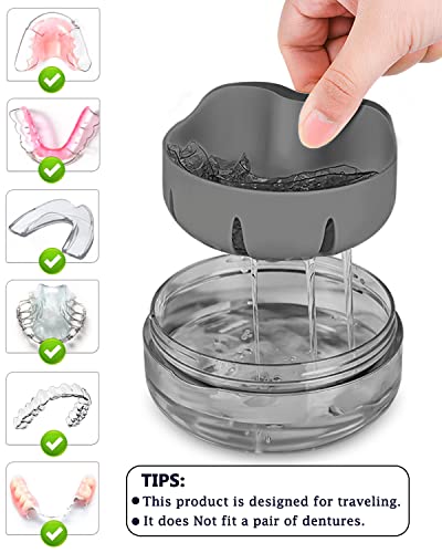 Denture Case, Definitely No-Leak Denture Bath Box for Traveling Perfectly, Denture Cup with Strainer & Magnetic Mirror,Completely Clean Care for Retainer, Mouth Guard, & Denture (BLACK)…