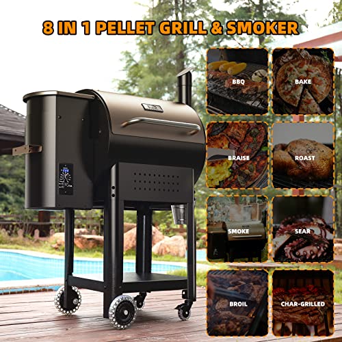 HiMombo Wood Pellet Grill and Smoker TWPG 570 sq, 8 in 1 BBQ Grill with 150-500β Auto Temperature Control, D2 Smoker Grill with Extendable Hopper, Foldable Table Legs and Cover, for Outdoor Grill,Smoke,Bake and Roast