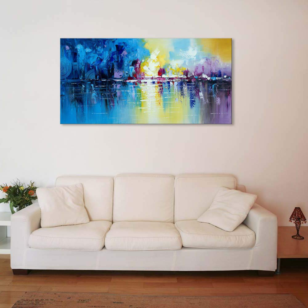 Abstract Cityscape Wall Art Handmade Blue Modern City Building Reflection Oil Paintings on Canvas