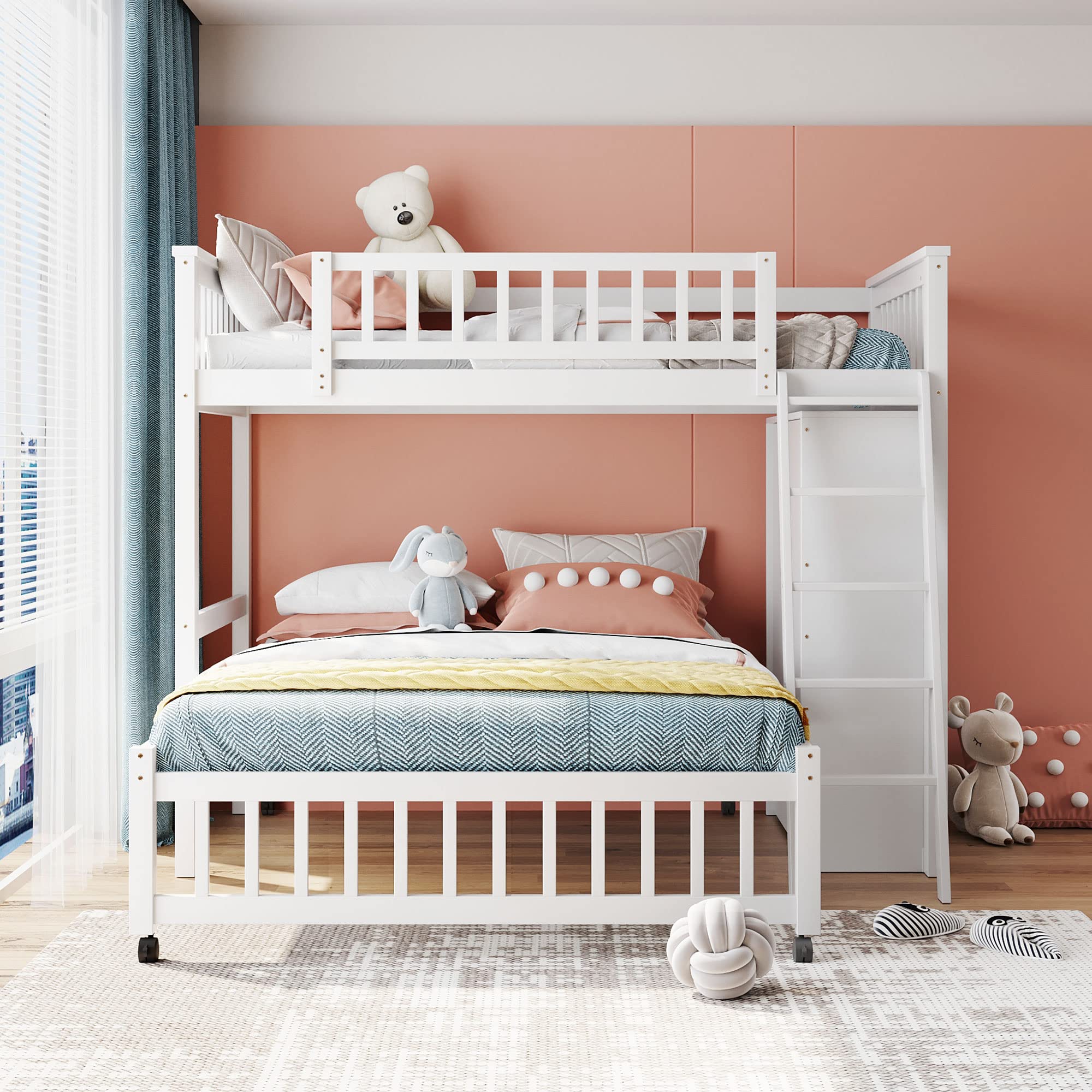 Bellemave Twin Over Full Bunk Bed with Storage 6 Drawers Cabinet and 3 Shelves Bookcase Wood Loft Beds Frame Size Platform Wheels Mordern Bunked for Kids Boys Girls Teens, White