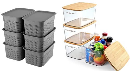 AREYZIN Set of 6 Lidded Plastic Storage Baskets + 6 Pack Clear Storage Bins with Bamboom Lids Freezer Organizer Bins Pantry Organization and Storage