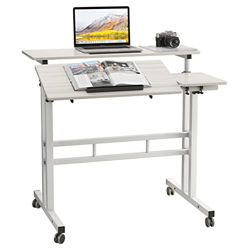 DlandHome Adjustable Rolling Desk Standing Desk, Sit-Stand Desk Cart Mobile Computer Desk Stand Up Desk Office Desk Riser Standing Table Workstation Mobile Desk, Maple