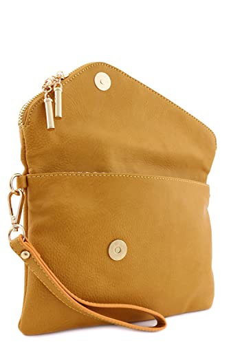 FashionPuzzle Envelope Wristlet Clutch Crossbody Bag with Chain Strap (Mustard) One Size