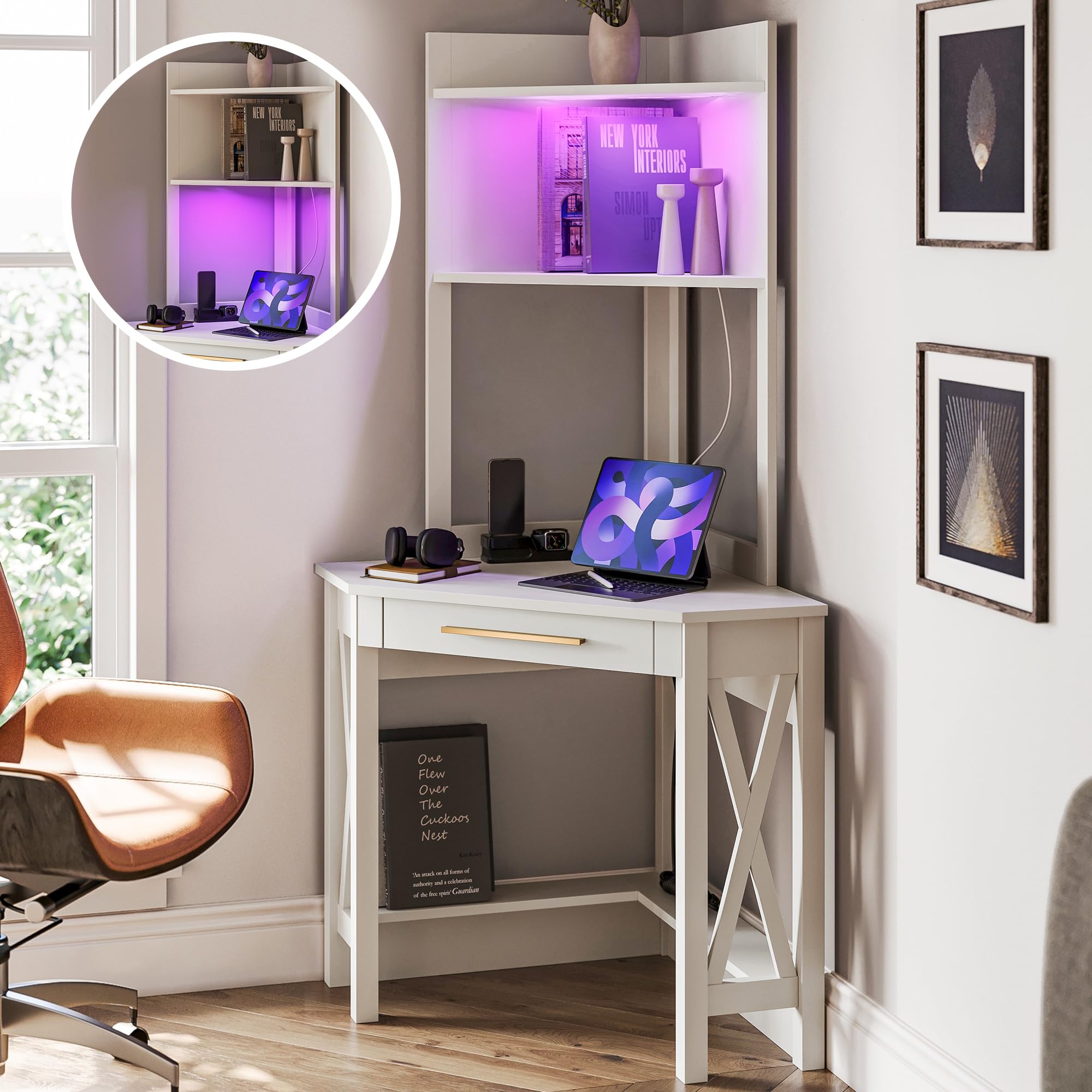 BELLEZE Corner Desk with Hutch, Compact Home Office Desk with Display Shelf and Drawer, Space Saving Writing Desk with Charge Outlets and LED Lights for Living Room, Bedroom - Tate (White)