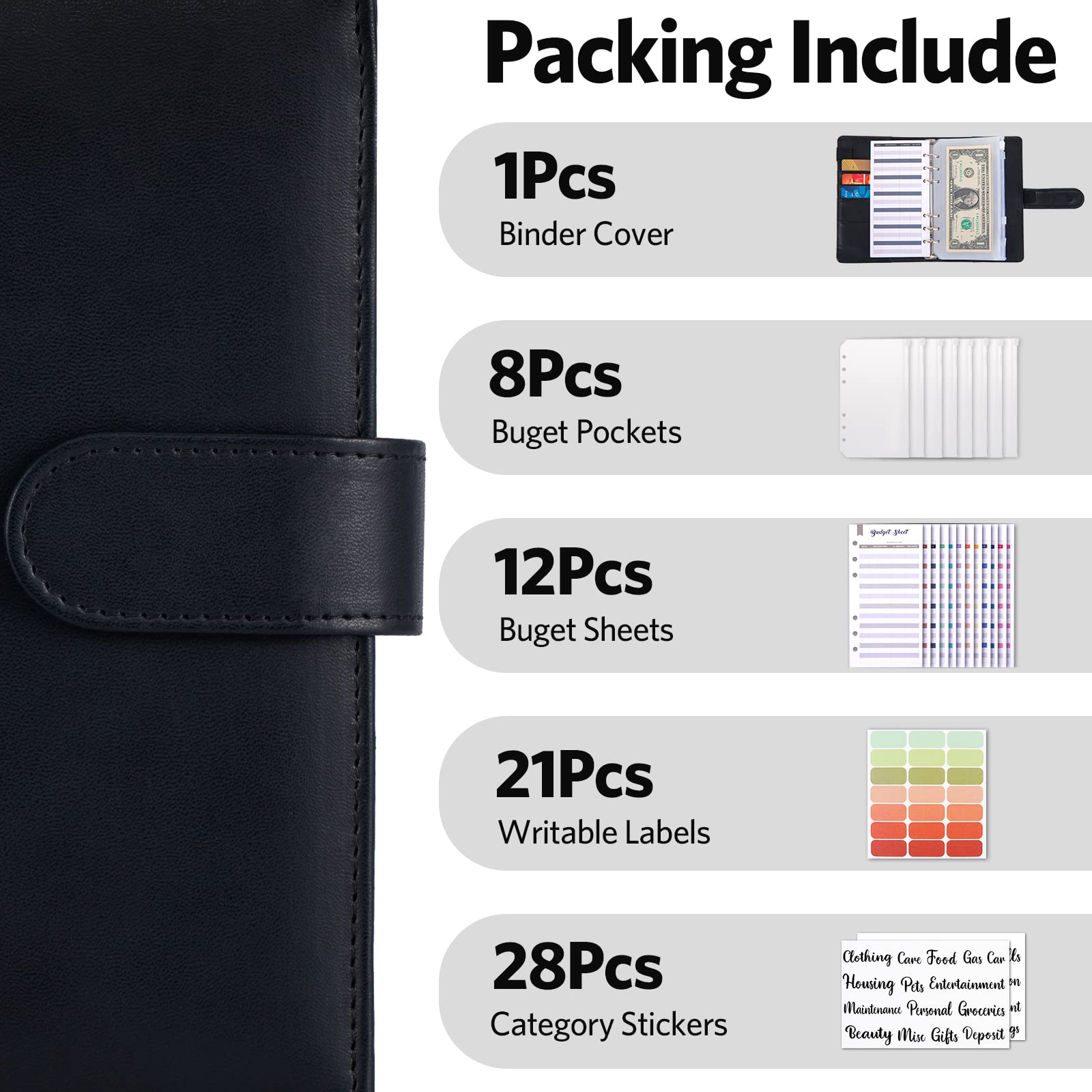 A6 Budget Binder with 8pcs Zipper Cash Envelopes, Pu Leather Cash Organizer for Money Saving with 12pcs Bill Budgeting Sheets Black
