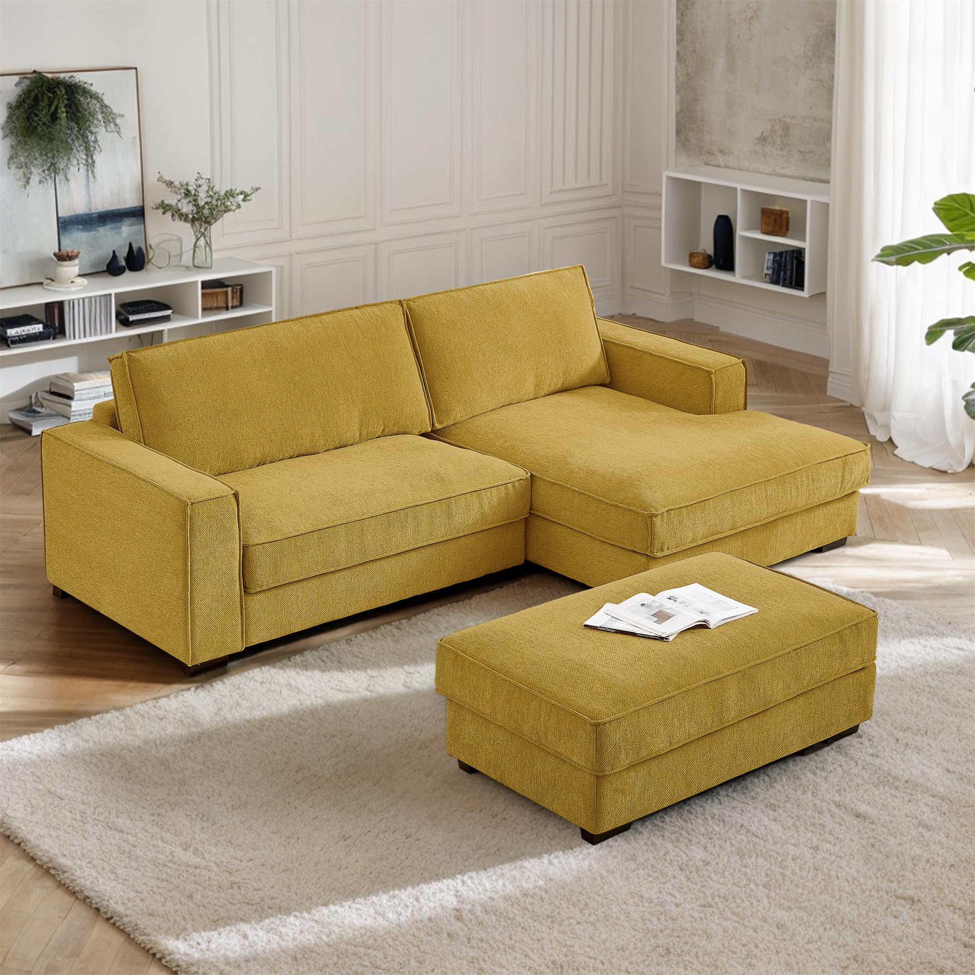 AUGOP Modern Chenille Fabric Ottoman for Modular Sectional Sofas - Versatile Footrest Living Room, Bedroom, Office Spaces (Yellow, Ottoman)