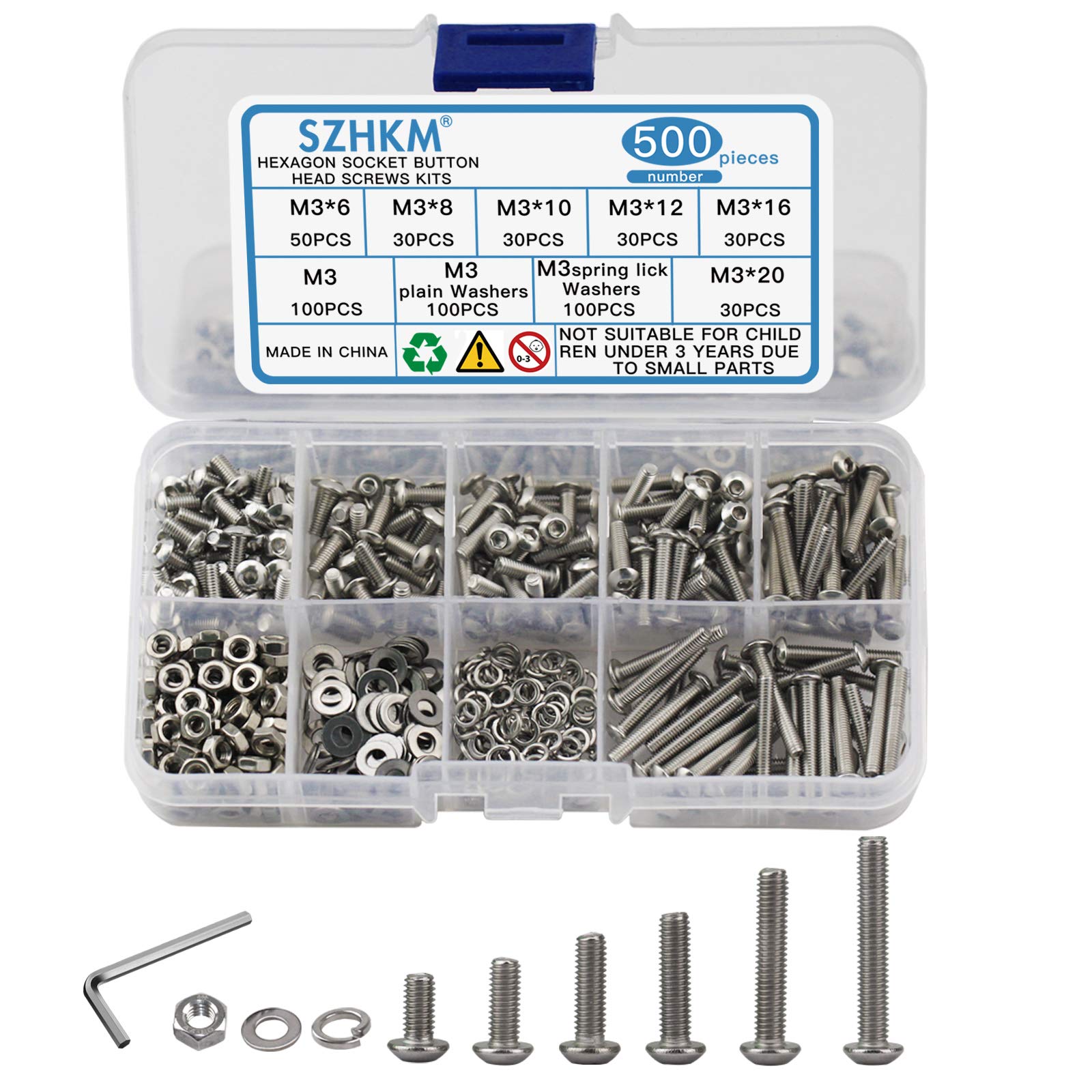 SZHKM 500pcs M3 Nuts and Bolts Assortment Stainless Steel Machine Screws Metric M3 Screws and Nuts Set Hex M3 Bolt Kit with Wrench