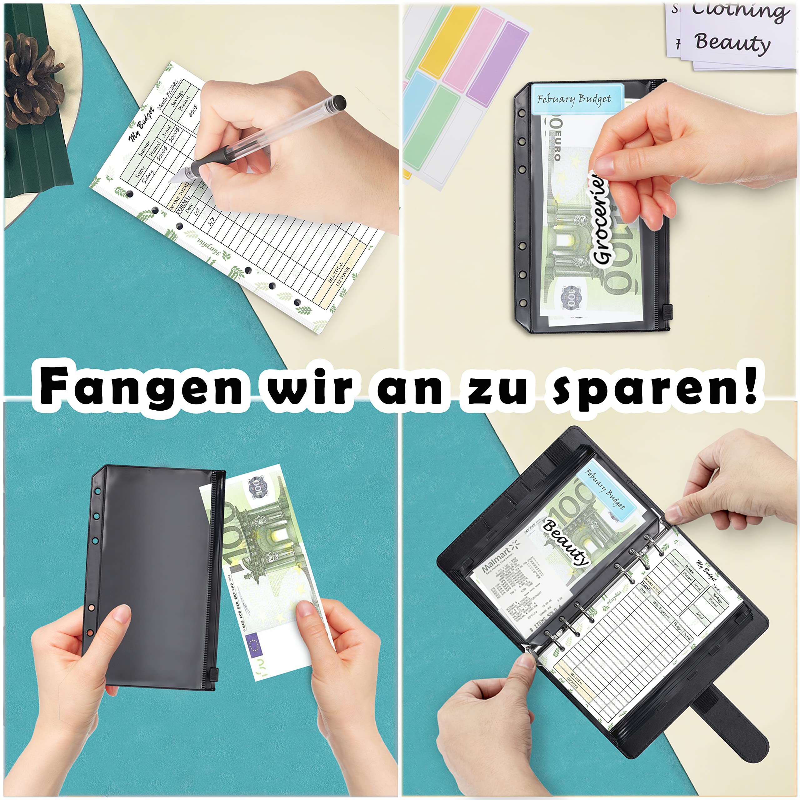 A6 Money Organizer, 6-Ring Budget Planner kit with envelopes, Budget Refill, Matched Stickers and Labels, 7.4"x 5.71" (Harphia, 146-silver)