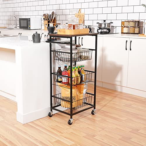 LEGUANG Kitchen Storage Rolling Cart on Wheels, 4 Tier Metal Rolling Utility Carts Microwave Rack with Wooden Tabletop for Kitchen Island, Bathroom, Living Room(Black)