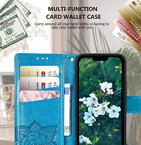 Designed for iPhone 13 Case Wallet for Women,Flip Folio Cover with Butterfly Embossed PU Leather Kickstand Credit Card Holder Slots Magnetic Wrist Strap Protective Phone Case for iPhone 13 (Blue)