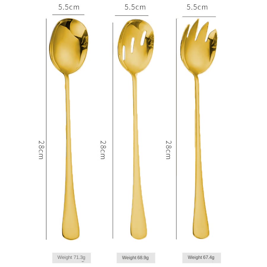 ARFUKA Salad Servers Salad Serving Sets Stainless Steel 11" Buffet Salad Spoon and Salad Fork Dishwasher Safe Large Metal Serving Utensils Gold, Set of 3
