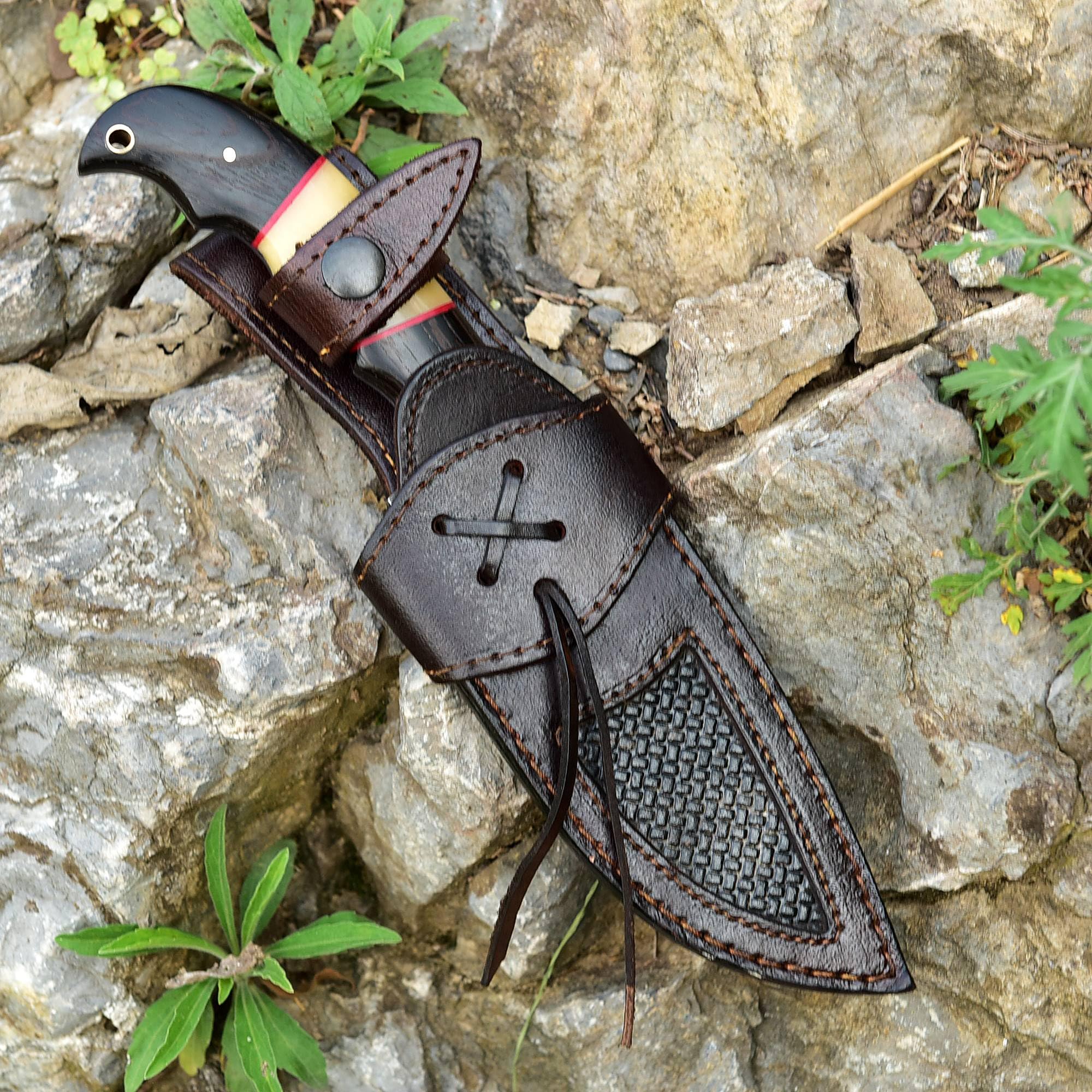AA Knives 9.25 Inch Handmade Damascus Steel Fixed Blade Hunting knife with Leather Sheath β Perfect for Hunting and Survival with Wenge Wood & Camel Bone Handle