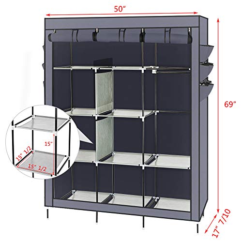 Simply-Me Wardrobe Storage Closet Portable Closet Clothes Storage Organizer Non-Woven Fabric Closet Organizers and Storage Shelves with Side Pockets,69-Inch (Gray)