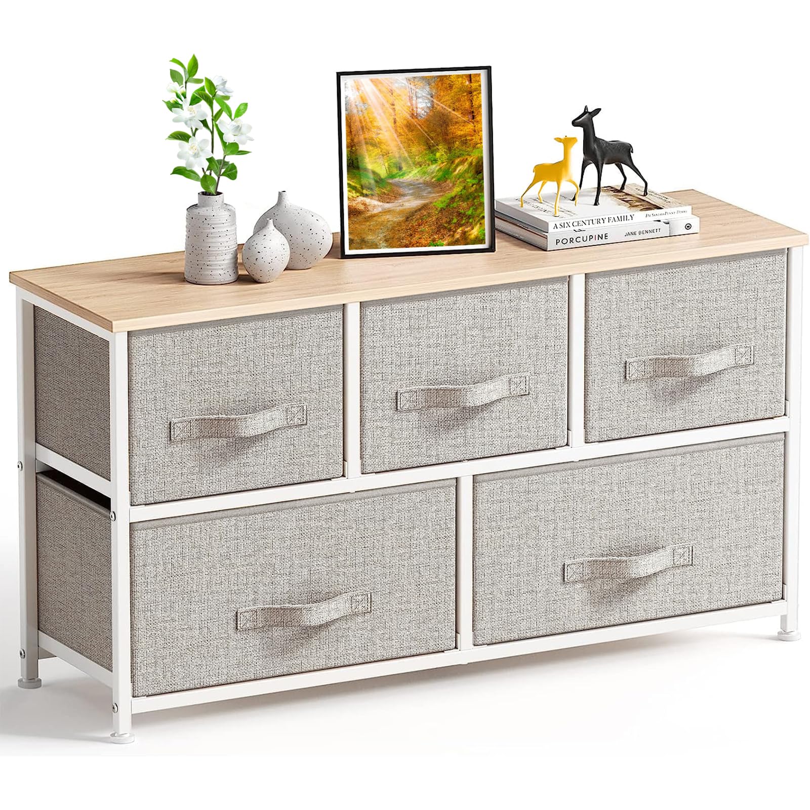 Pipishell Fabric Dresser, Dresser for Bedroom with 5 Drawers, Wide Dresser Storage Tower Organizer Unit with Wood Top and Easy Pull Handle for Closets, Living Room, Nursery Room, Hallway(Light Grey)