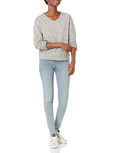 Amazon Brand - Daily Ritual Women's Terry Cotton and Modal Tie Sleeve V-Neck Sweatshirt, Heather Grey Spacedye, Small