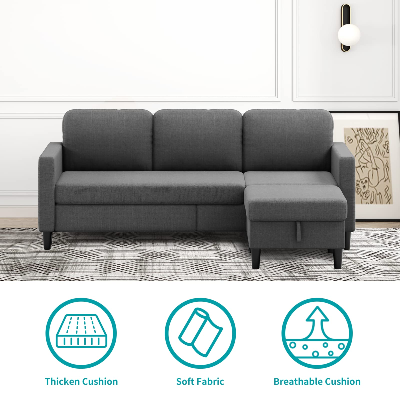 BALUS Sillones para Sala Convertible Sectional Sofa Couch,3-seat L-Shaped,Reversible Modern Couch with Movable Storage Ottoman Chaise, Free Combination Sofa for Living Room and Office(Dark Gray)