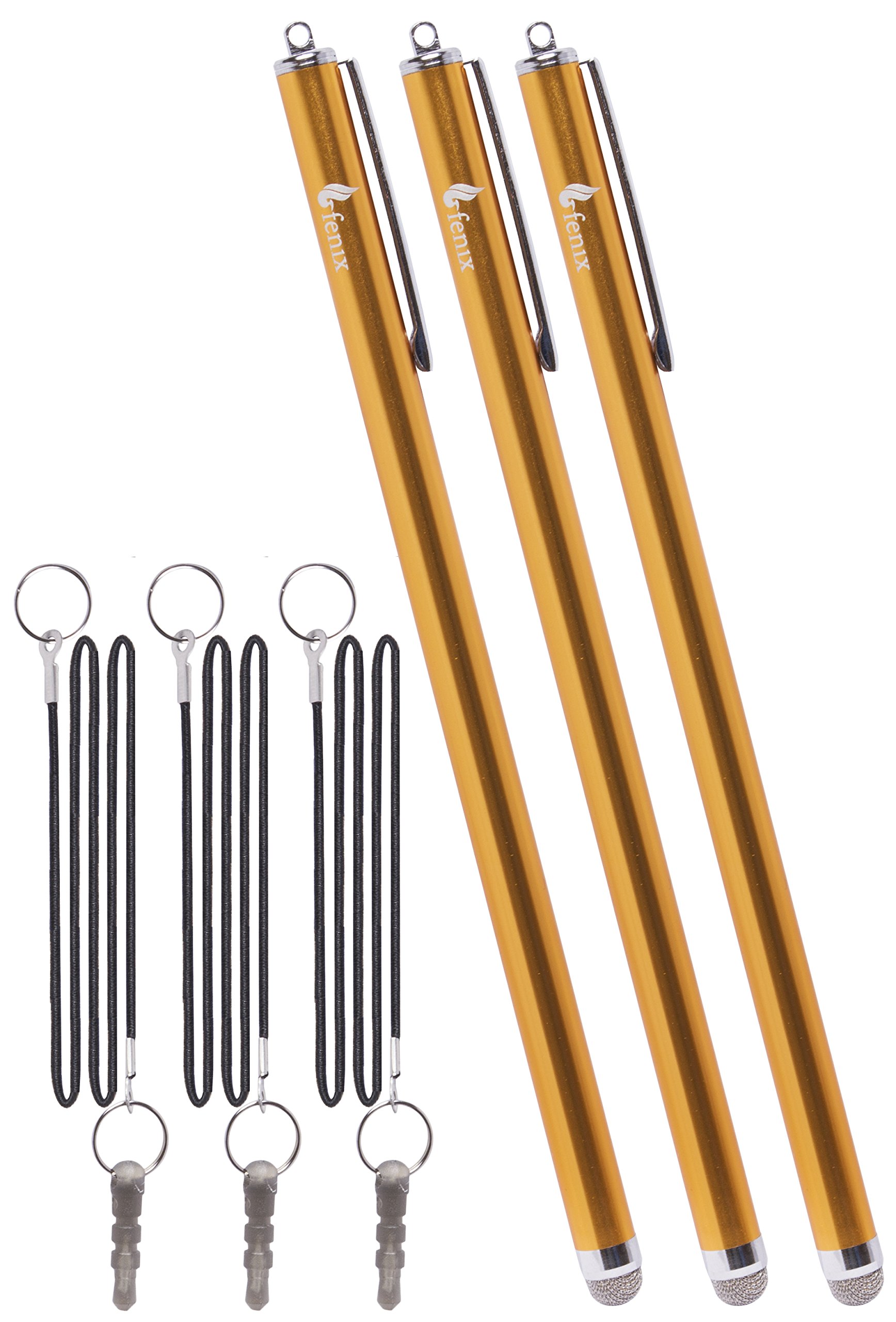 Fenix - Set of 3 Gold XXL Extra Long Stylus Pen [7.3"] Micro Knit Hybrid Fiber Tip Includes 15" Lanyard for iPhone 5,5c,6,6+, iPads, Samsung Galaxy S5,S6,Edge, Kindle Fire and Much More