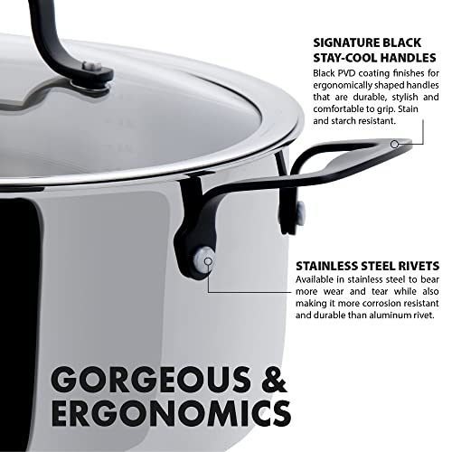 GrandTies Tri-Ply Stainless 3-Piece Induction Pots and Pans Set, Casserole Stockpot, Frying Pan, Kitchen Cooking Pot with Lid and Black Metal Handle, Dishwasher Safe Cookware