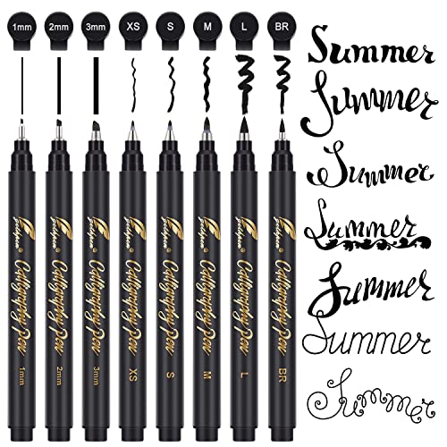 GETHPEN Calligraphy Pens,Hand Lettering Pens, Calligraphy Brush Pen set for Beginners Writing, Sketching, Scrapbooking, Journaling, Soft and Fine Tip, Black Ink Drawing Pen Set, 8 Size