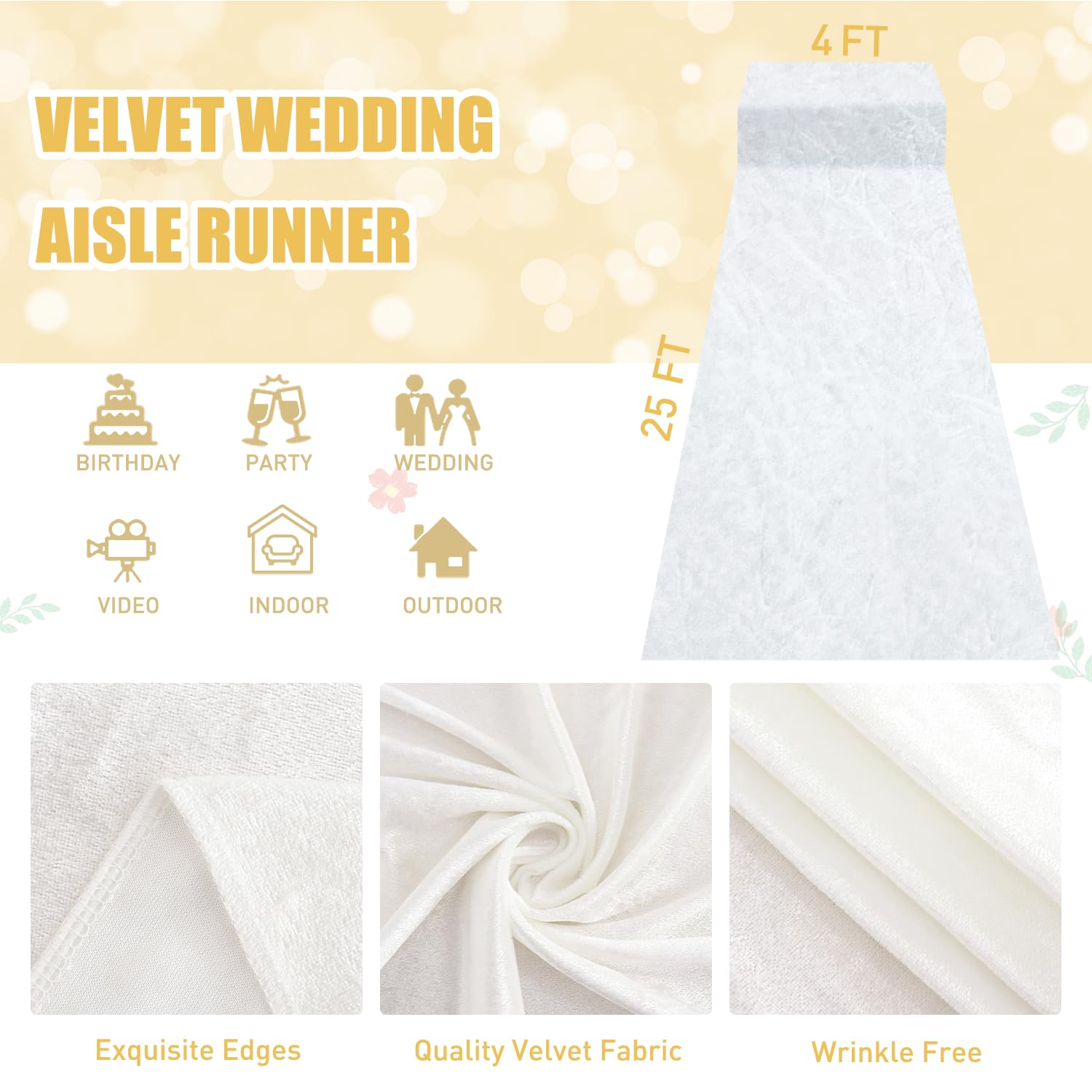 FUHSY White Aisle Runner Outdoor Aisle Runners for Weddings for Indoor Wedding 4x25 FT Velvet Carpet Runner Rug Includes Carpet Tapes Floor Runner for Wedding Aisle Bridal Walkway Runner for Events