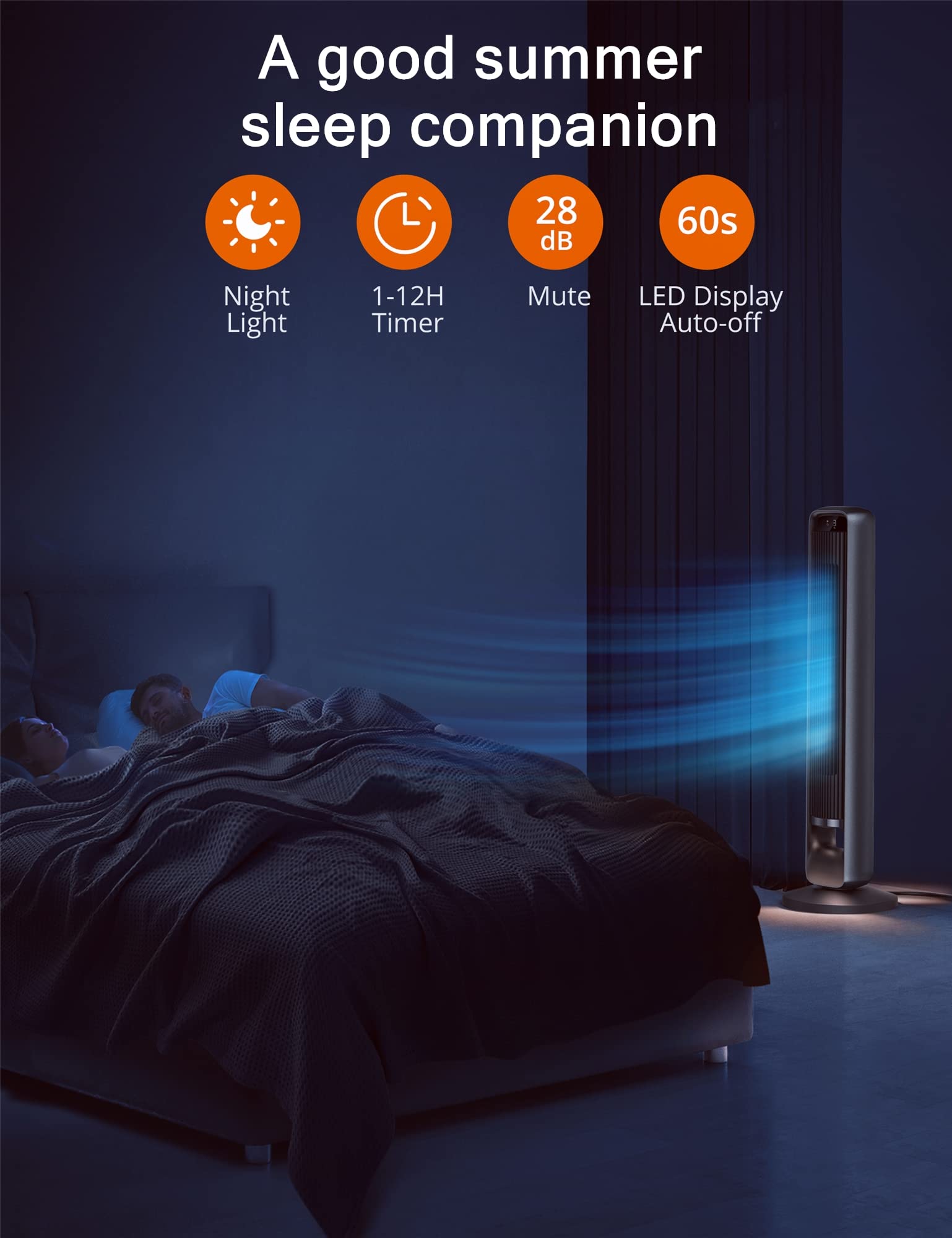 Delvit Tower Fan,90° Oscillating Fan with 12 Speeds, 4 Modes, Night Light, 12H Timer, LED Display,28db Quiet Portable Bladeless Fan Remote control for Bedroom, Living Room & Office