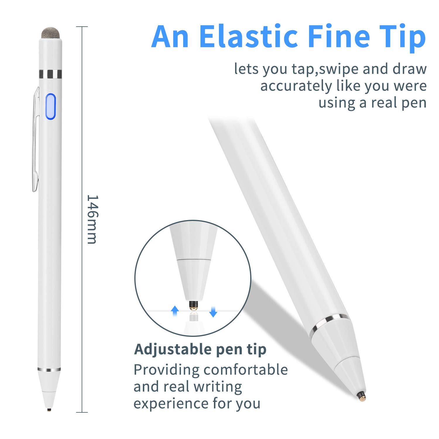 Evach Active Stylus Digital Pen with Ultra Fine Tip Stylus for iPad iPhone Samsung Tablets, Compatible with Apple Pen,Stylus Pen for iPad Pro, White