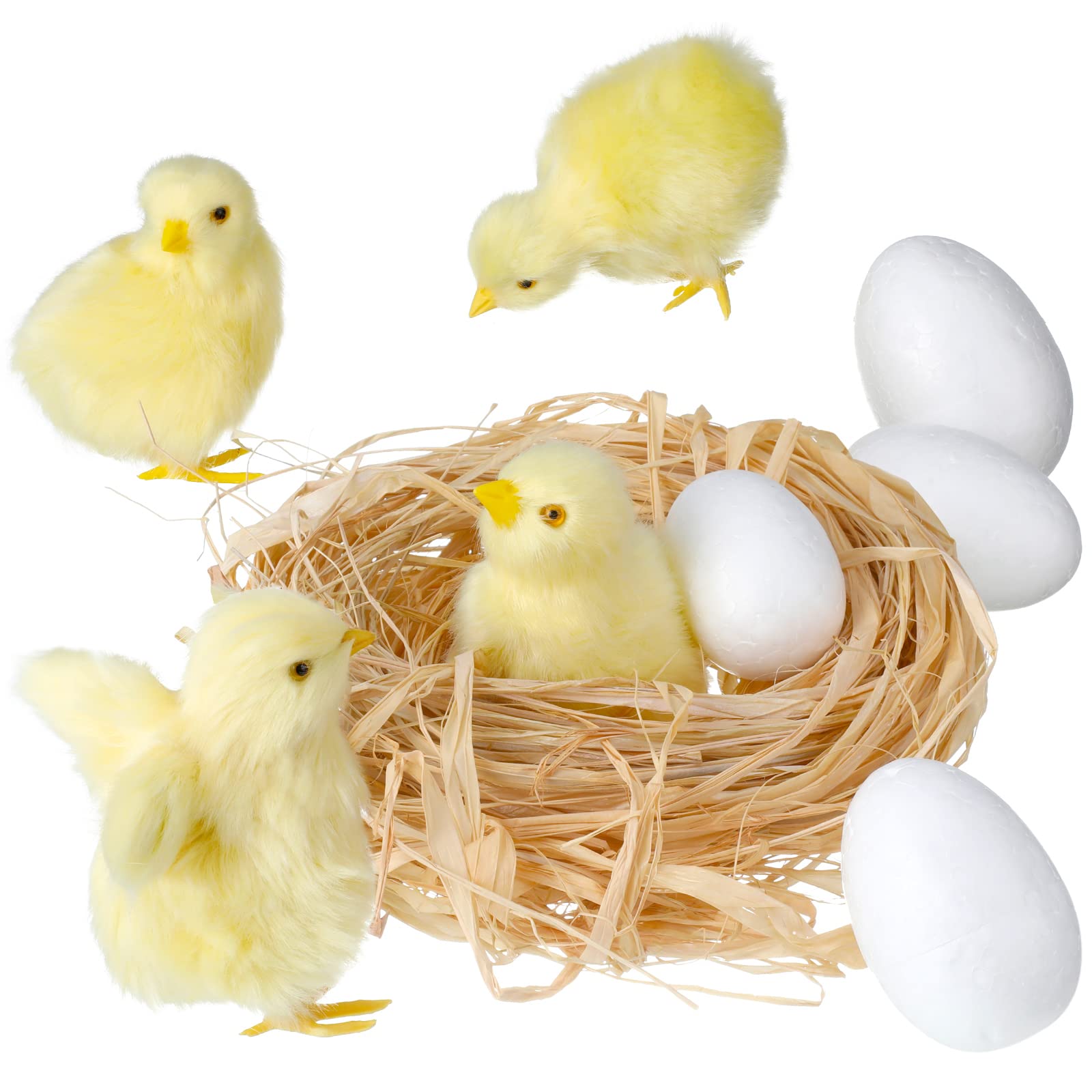 9 Pcs Spring Easter Chicken Decoration Set 4 Pcs Realistic Plush Little Chick Figurine Fluffy Chicks 4 Pcs Craft Foam Egg 1 Bag Yellow Easter Grass for Photography DIY Crafting Easter Hunt Party