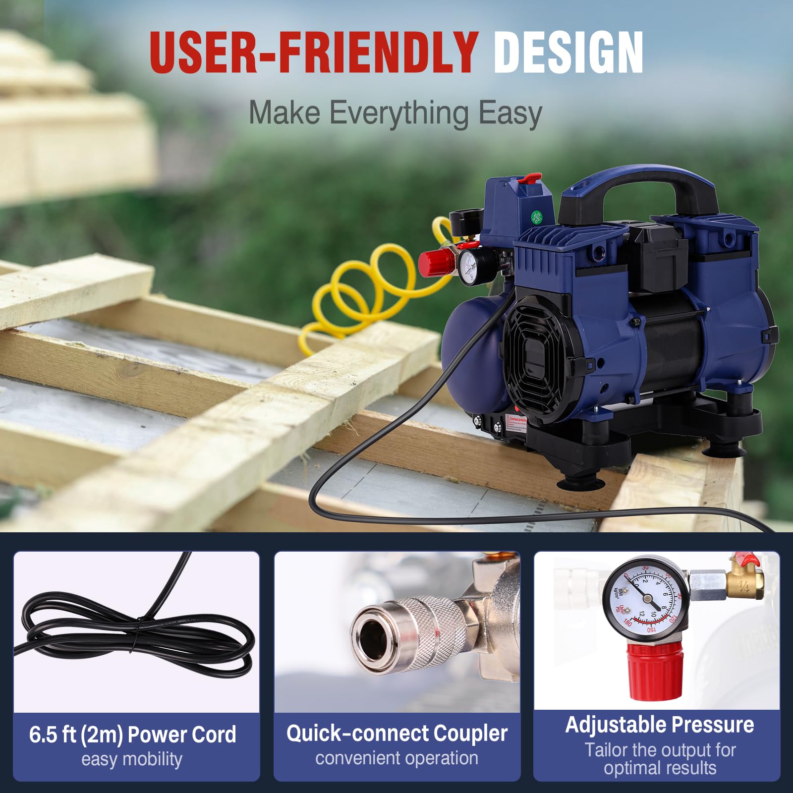 Air Compressor Portable, Ultra Quiet 60 dB, 13-Second Quick Fill, 1 Gallon Compact, Oil-Free for Tire Inflation, Nail Gun, Pneumatic Tools, Cleaning in Home or Shop Projects, 1.5HP