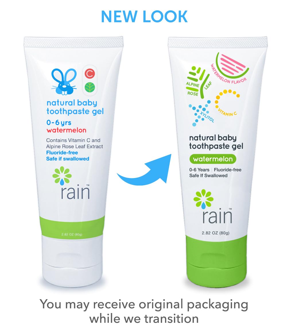 Rain Natural Bamboo Kids Toothbrush Set Fluoride-Free Baby Toothpaste Safe to Swallow with Vitamin C for 6 to 12 Months Up Infant Toddler Toothbrush BPA-Free Biodegradable (1 Toothbrush 1 Toothpaste)