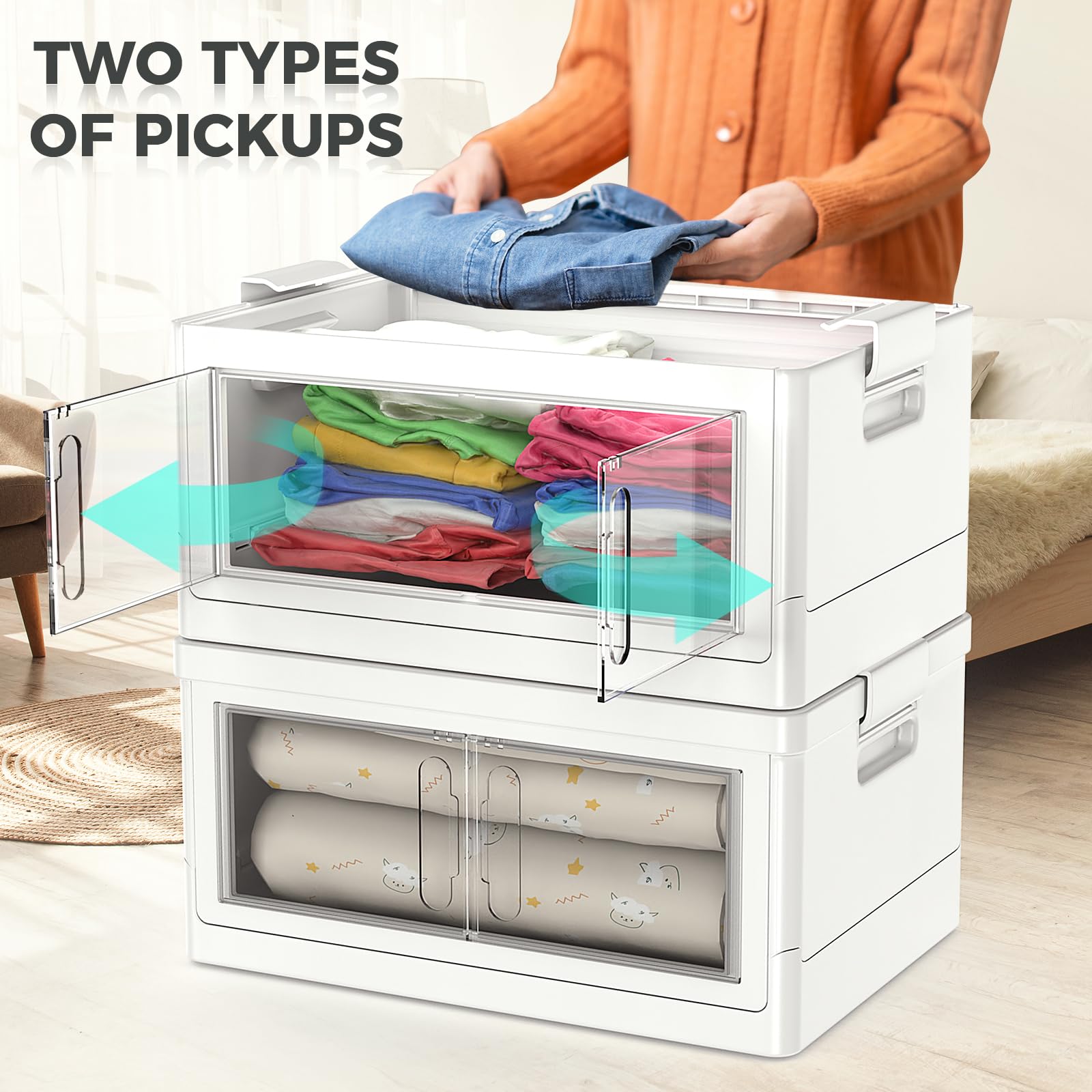BELYESEE Stackable Storage Bins With Lids,Wheels And Doors,4 Pack 100QT Collapsible Plastic Storage Organizer With Wheels,Plastic Drawer Storage For Bedroom(26 * 15 * 16) inch