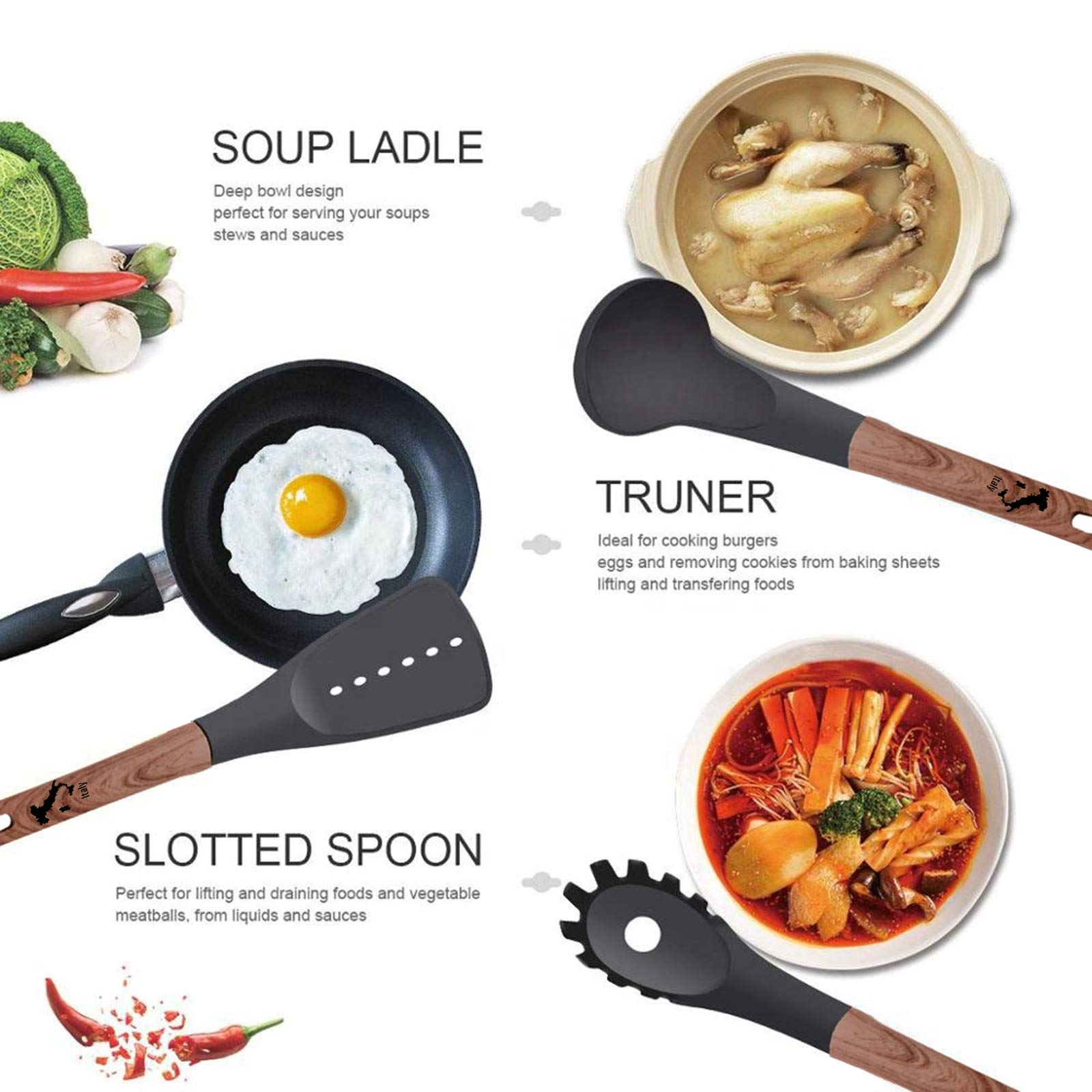 AJ Kitchen Utensils, Utensils Set, Cooking Utensils Set, Kitchen Utensils Set, 7-Pieces Nylon Utensil Sets with Rotating Stand, Non-Stick Cooking Utensils Set, Italian Design.