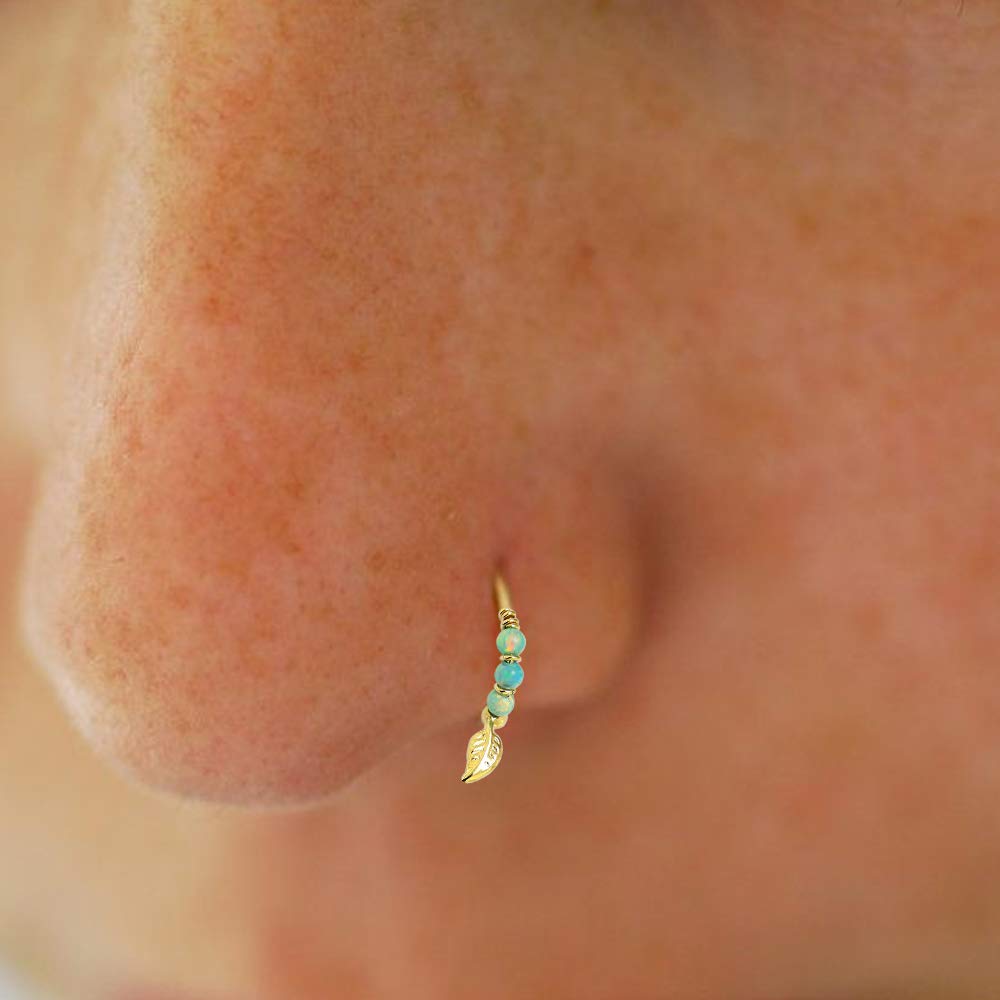 9K Solid Yellow Gold Triple Light Green Opal Bead with Leaf 22 Gauge Hoop Nose Piercing Ring Jewelry