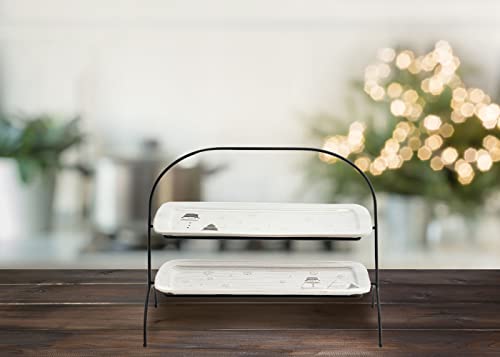 DEMDACO Snow Day Classic White and Black Stoneware and Iron 2-Tier Christmas Serving Tray