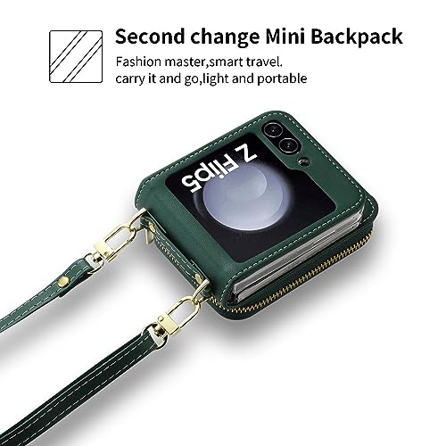 EAXER for Samsung Galaxy Z Flip 5 Case, Shockproof PU Wallet Folding Case Leather Zipper Crossbody Strap Cover (Green)