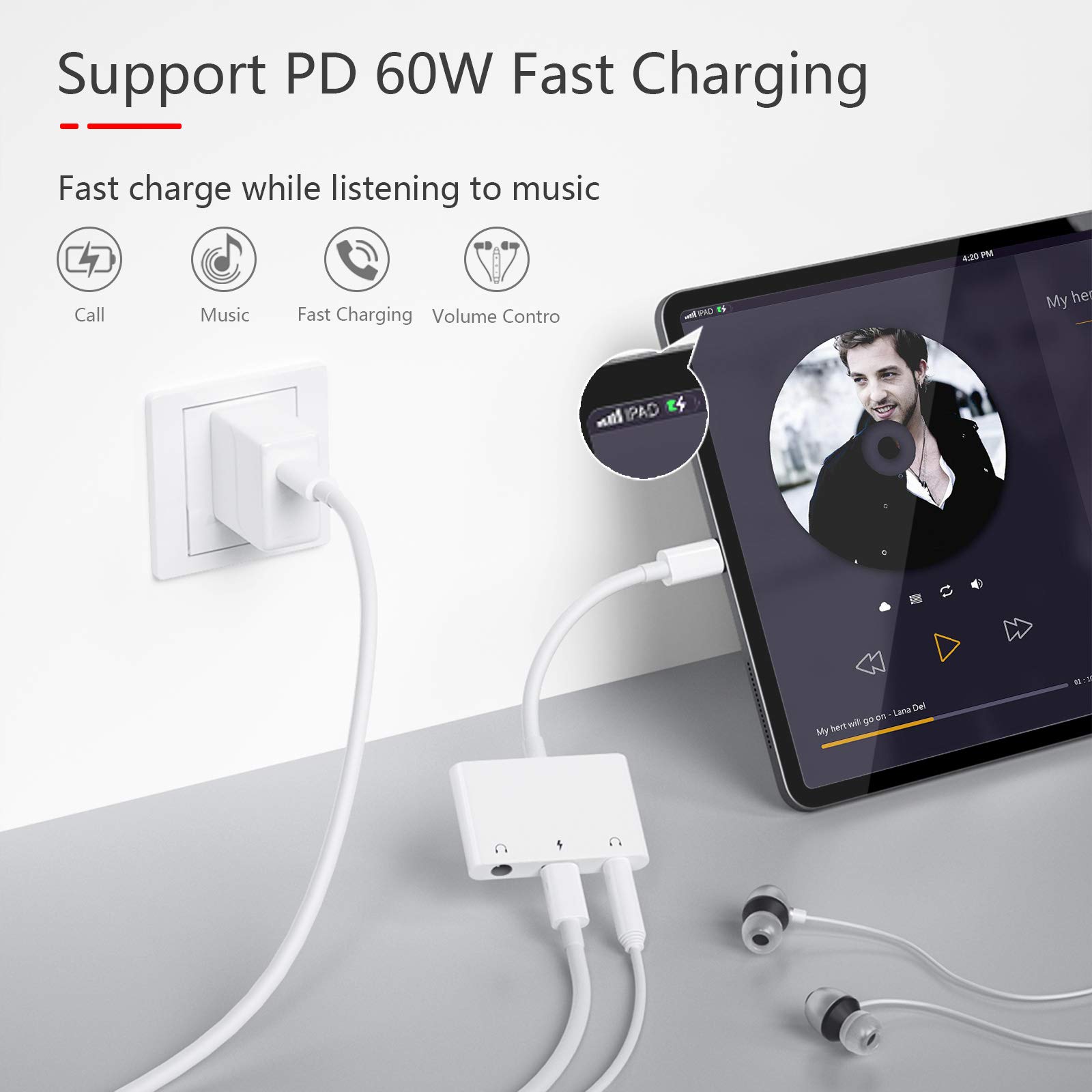 USB C to 3.5mm Headphone Adapter,3 in 1 Dual Headphone Audio Jack Splitter with PD Fast Charging Port for Samsung Galaxy S22 S21 S20 S10 S9,2018 iPad Pro,Google Pixel 4,HTC,Huawei etc (White)